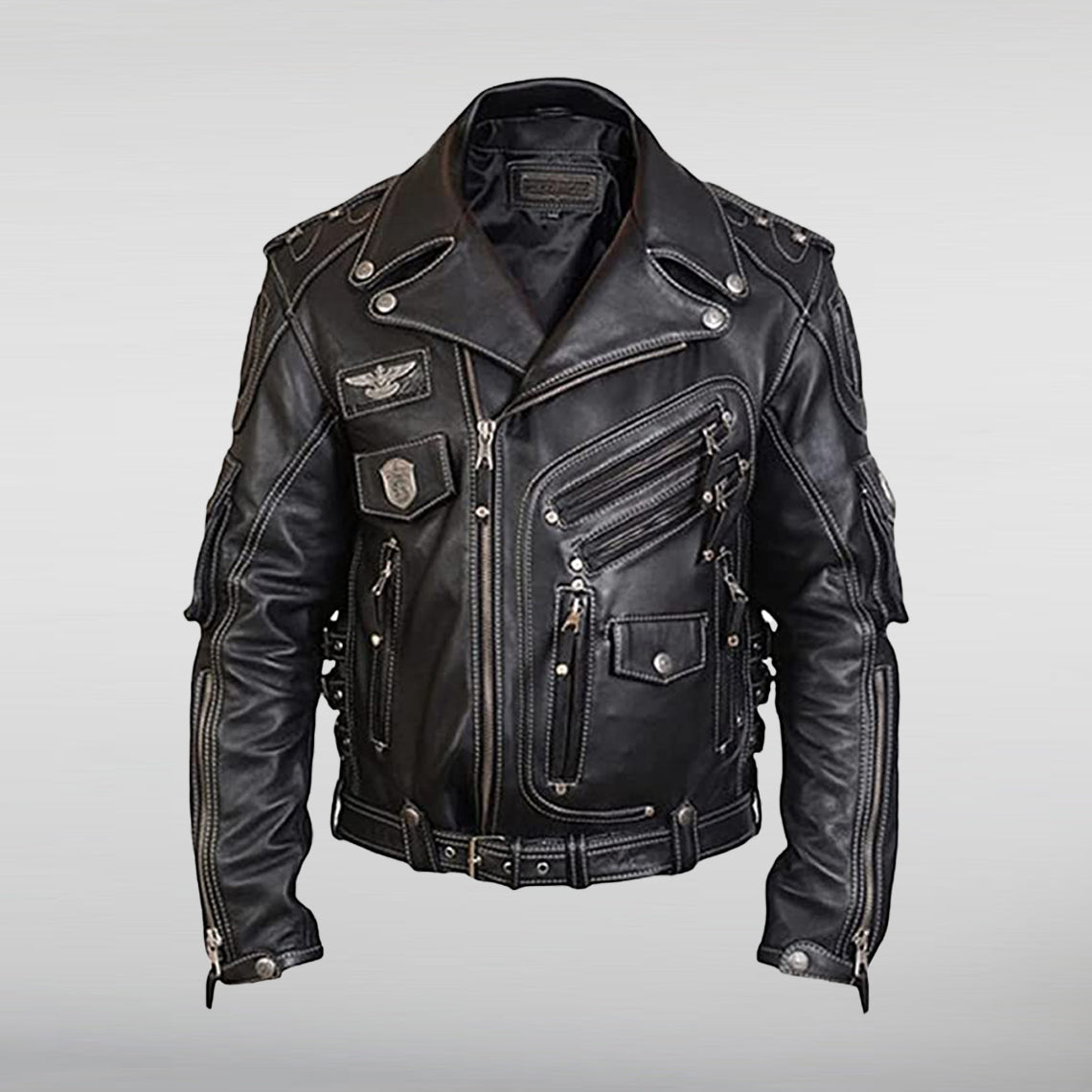 Real Cowhide Motorcycle Black Army Biker Leather Jacket — Cosplay Street